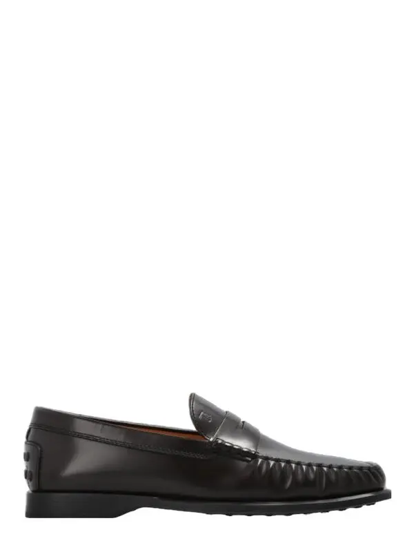 TOD'S Round Toe Penny Loafers With Embossed Monogram - Black