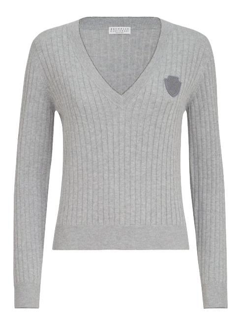 Brunello Cucinelli V-neck Ribbed Cotton Sweater With Logo Detail - Gray