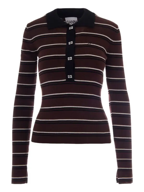 GANNI Striped Knitted Polo Top - Black