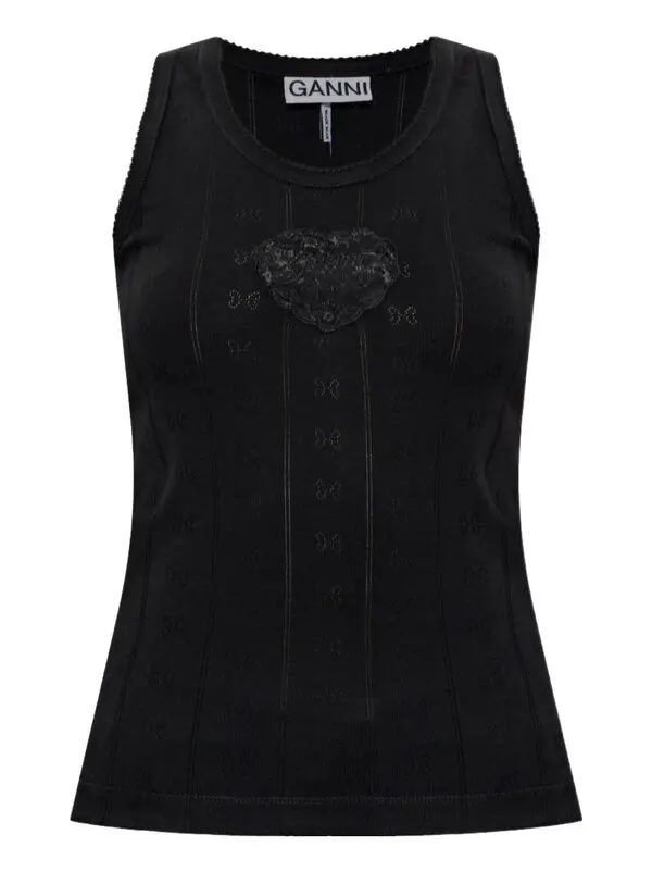 GANNI Ribbed Sleeveless Vest With Heart Applique - Black