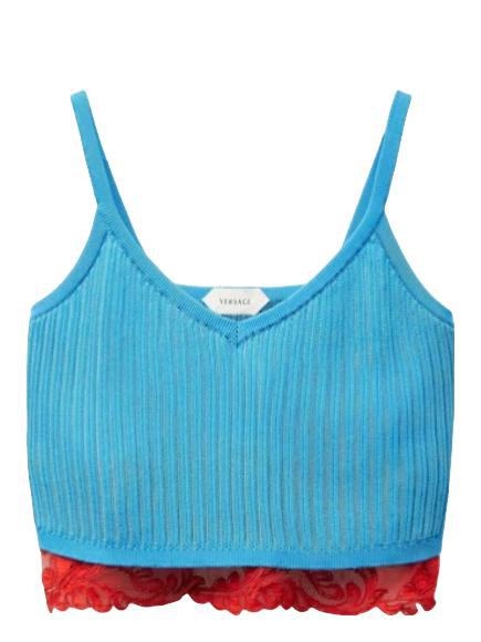Versace Ribbed Knit Tank Top With Lace Trim - Blue