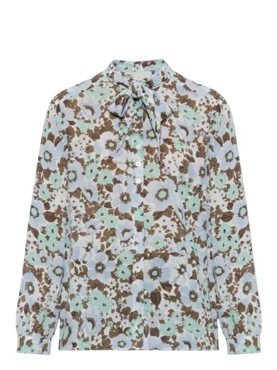 Tory Burch Printed Long Sleeve Shirt With Bow Detail - Gray