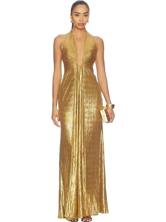 Delfi Oriel Metallic Halterneck Gown - Gold
