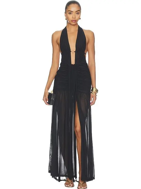 RUNAWAY THE LABEL Plunge Ruched Maxi Dress - Black