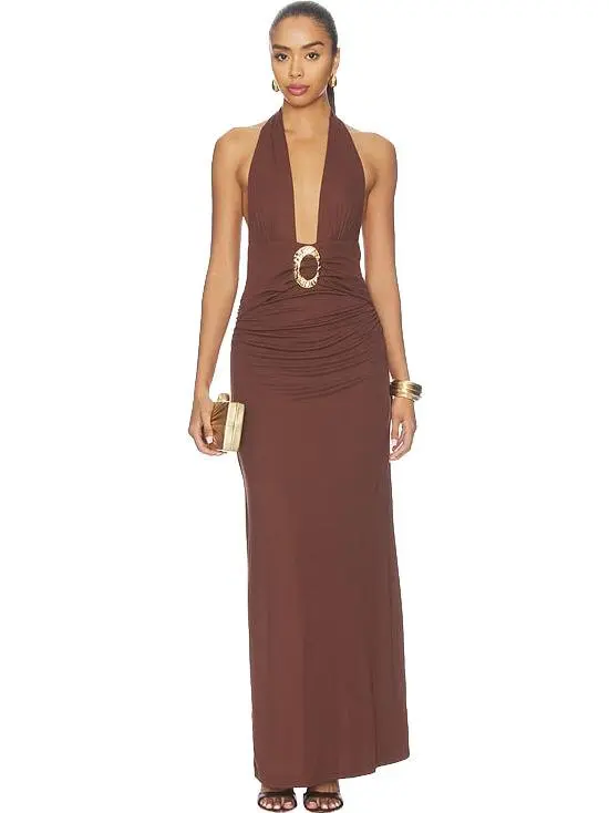 RUNAWAY THE LABEL Halter V-neck Maxi Dress - Espresso