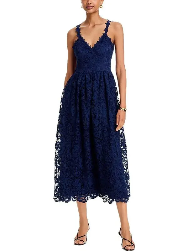Aqua Lace Drop Waist Midi Dress - Navy