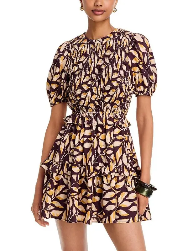 Aqua Leaf Print Smocked Puff Sleeve Mini Dress - Brown