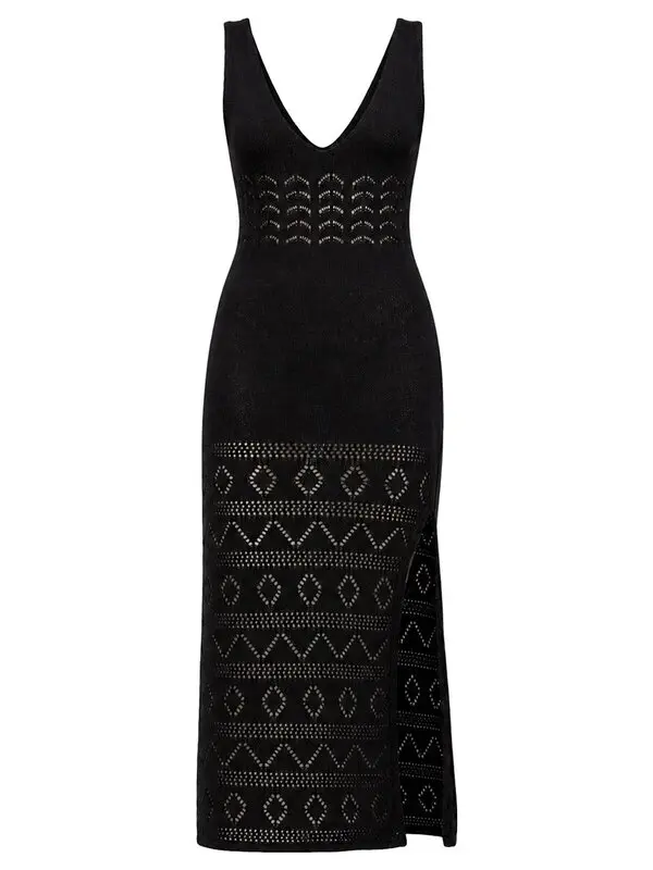 CHIARELLA Crochet V-neck Midi Dress With Side Slit - Black