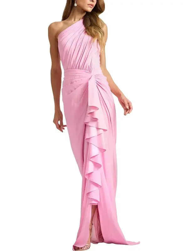 Tadashi Shoji One-shoulder Gown With Ruffled Detailing - Pink