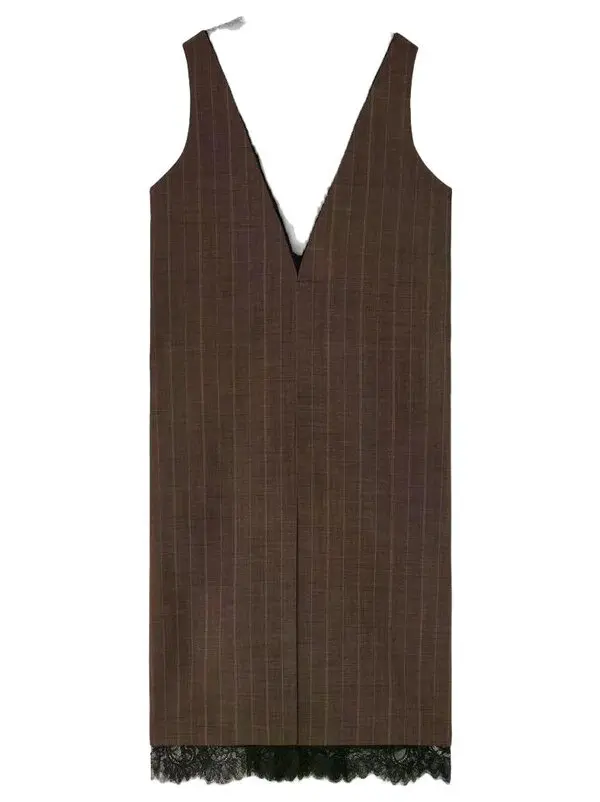 GANNI Pinstriped Lace-trim Midi Dress - Brown