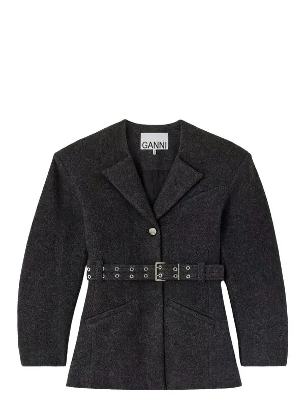 GANNI Belted Wool Jacket - Grey