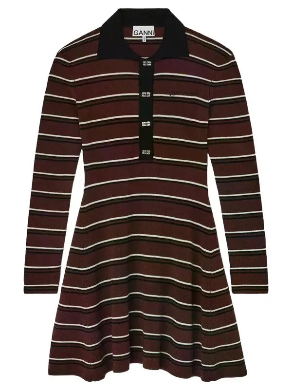 GANNI Striped Knit Polo Mini Dress - Brown