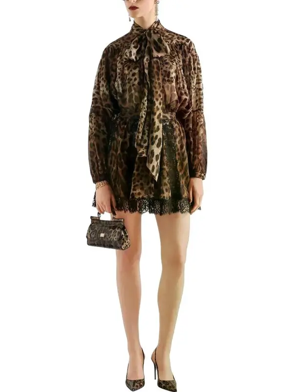 Dolce & Gabbana Leo-print Silk Chiffon Shirt - Brown