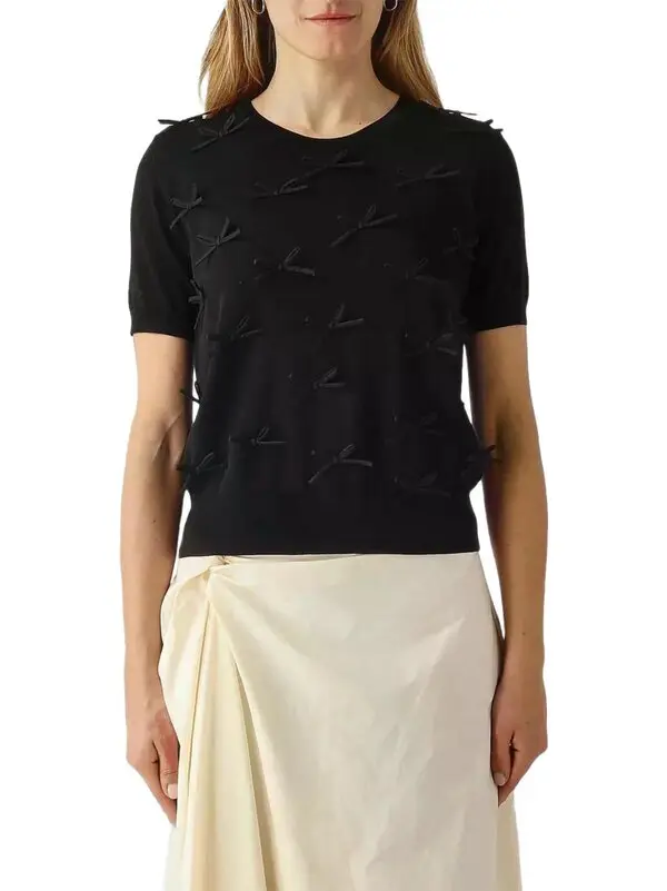 MEIMEIJ Short Sleeve Bow Embellished Top - Black