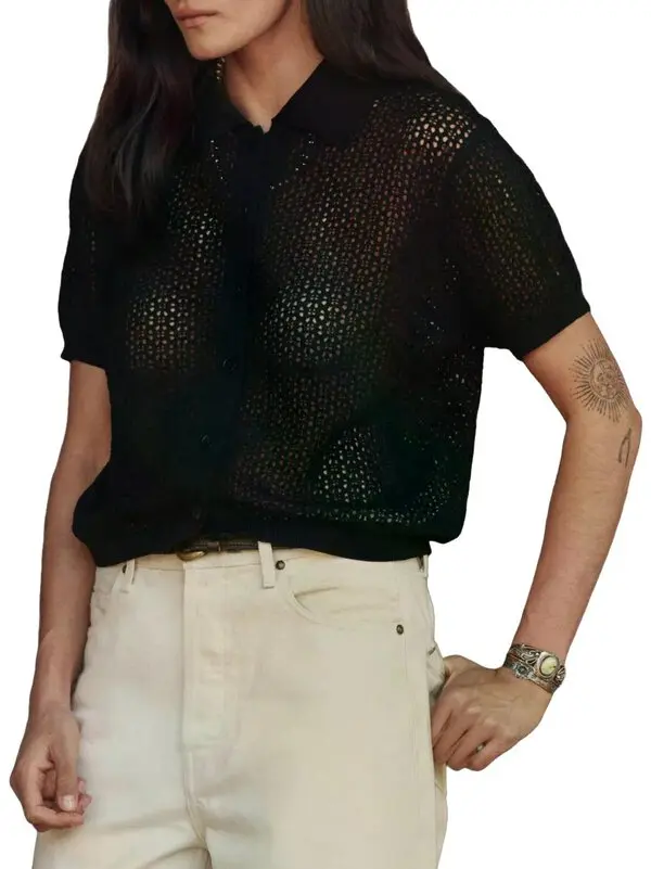 The Great. Crochet Short Sleeve Shirt - Black