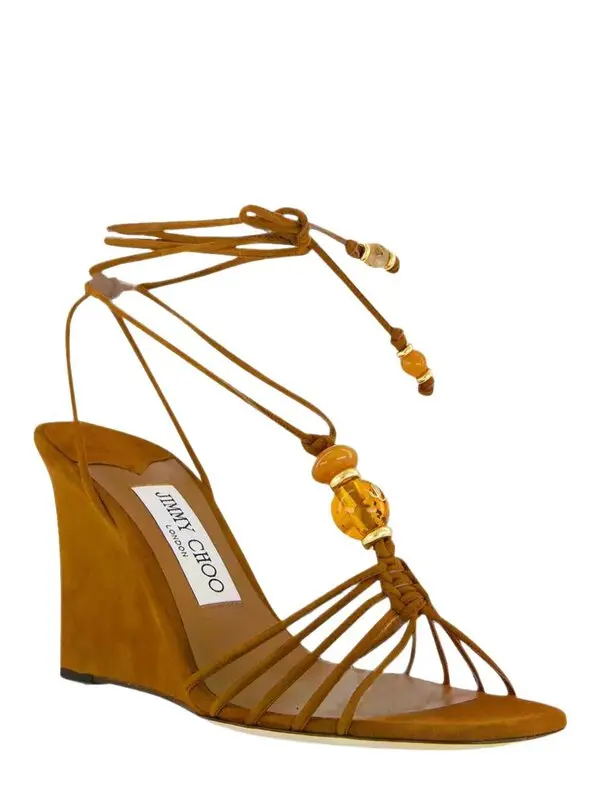 JIMMY CHOO Suede Beaded Wedge Sandals - Brown