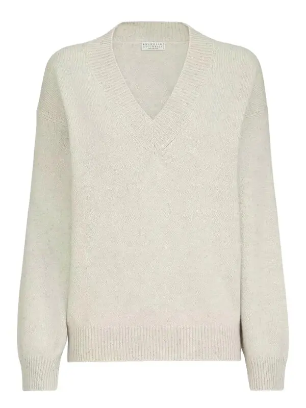 Brunello Cucinelli V-neck Sequin Embellished Sweater - Neutrals