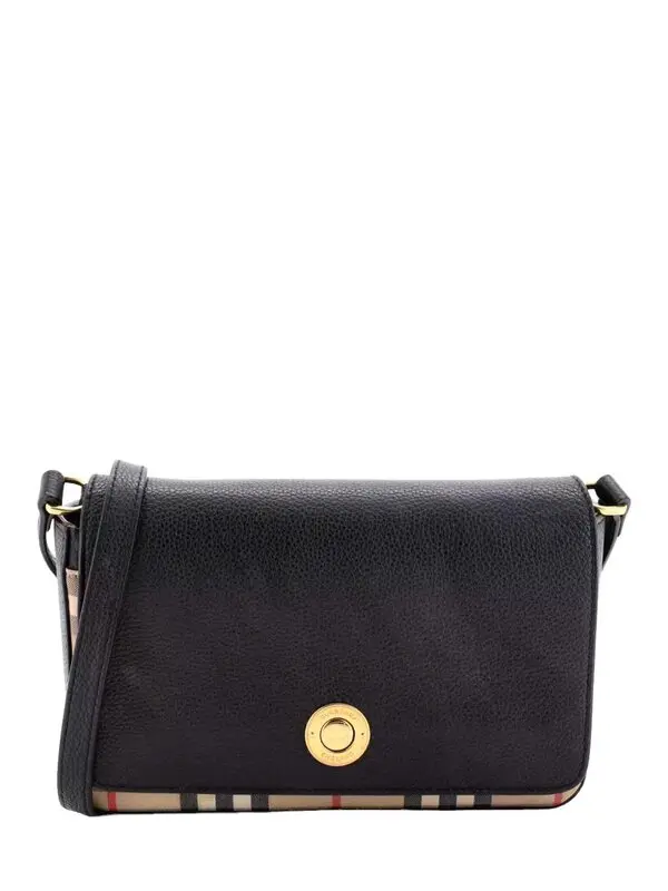 Burberry Hampshire Shoulder Bag Leather And Vintage Check Canvas Small Crossbody Bag - Black
