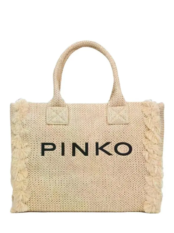 Pinko Logo Embroidered Fringed Tote Bag - Neutrals