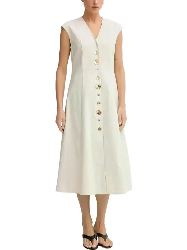 Joseph Ribkoff Sleeveless V-neck Midi Dress With Gold-tone Buttons - Neutrals