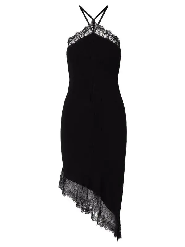 Liu Jo Ribbed Knit Midi Dress With Lace Trim - Black
