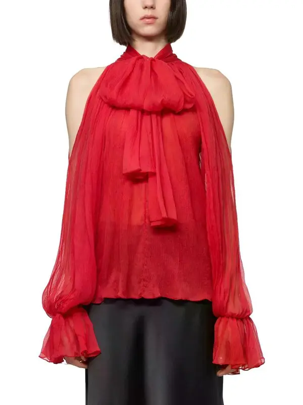 ATU BODY COUTURE Cold-shoulder Pussy-bow Blouse - Red