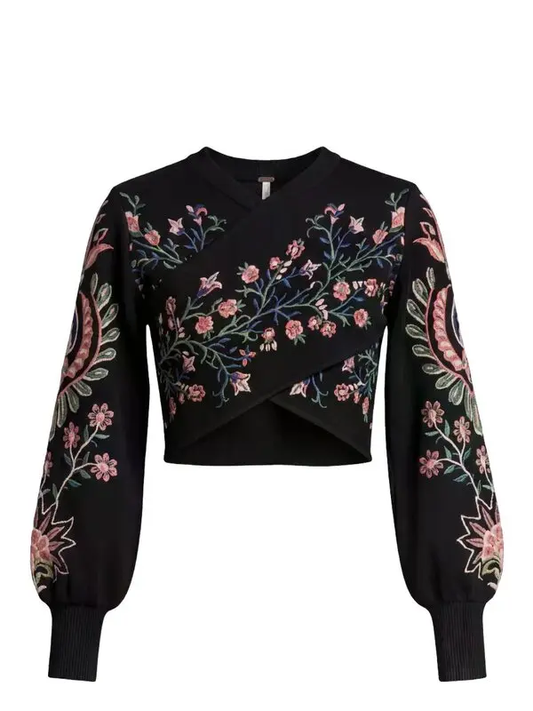 Farm Rio Marvelous Garden Embroidered Cropped Sweater - Black