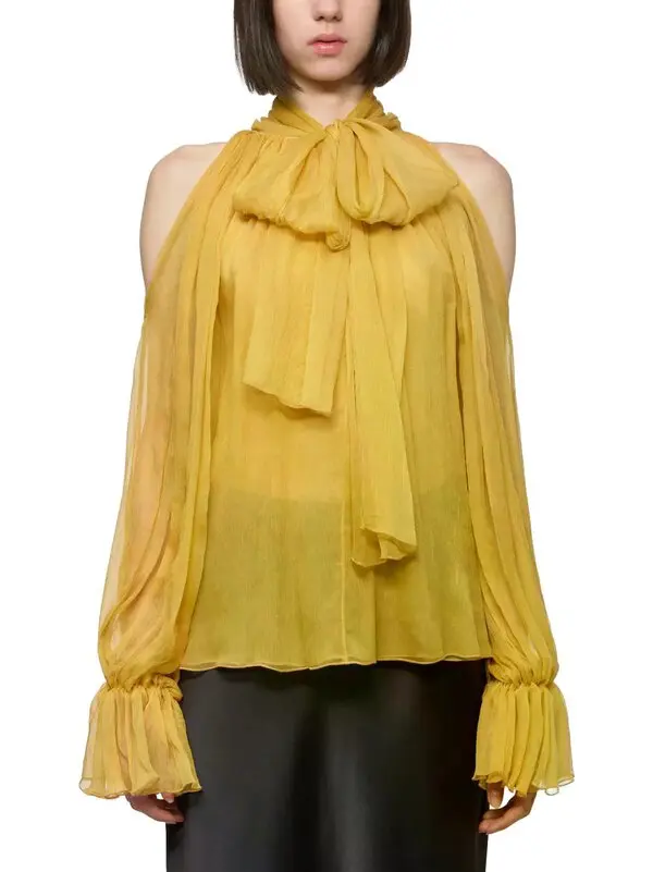 ATU BODY COUTURE Cold-shoulder Pussy-bow Blouse - Yellow