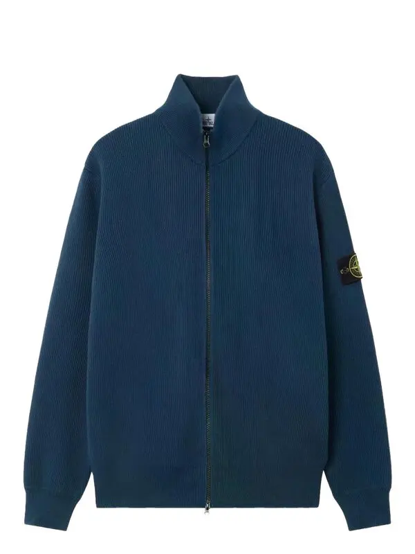 Stone Island Logo Patch Zip-fastening Ribbed Knit Cardigan - Blue