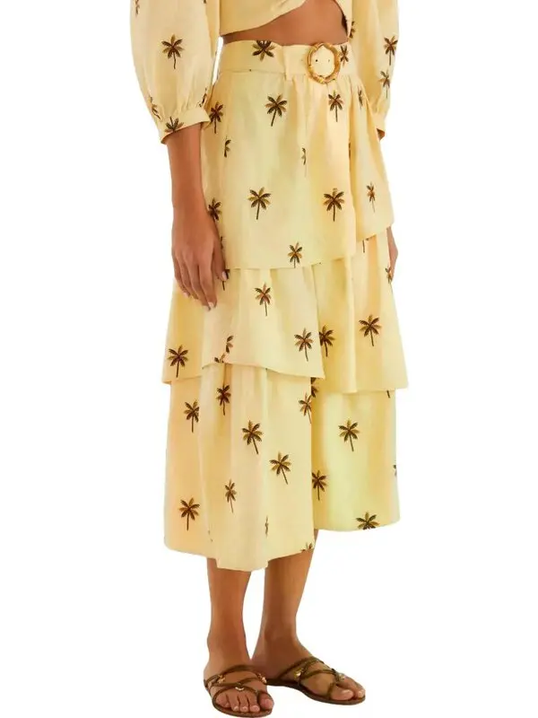 Farm Rio Tropical Palm Tree Embroidered Belted Midi Skirt - Yellow