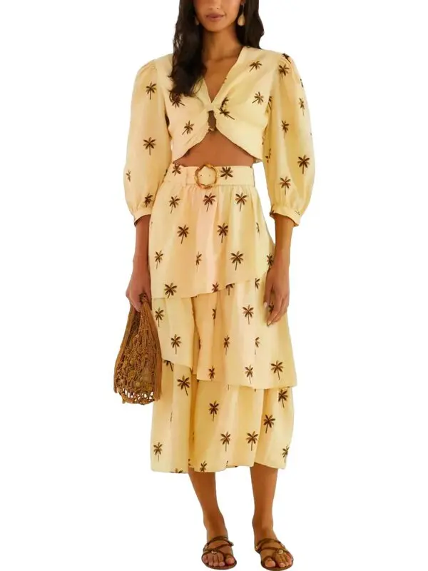 Farm Rio Tropical Palm Tree Embroidered Belted Midi Skirt - Yellow