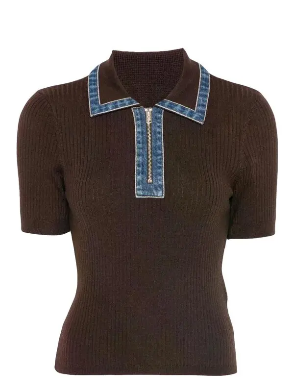Sandro Ribbed Knit Polo Top With Zip Closure - Brown