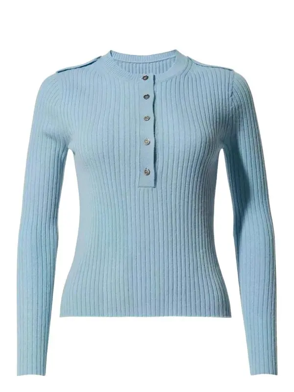 Perfect Moment Ribbed Wool & Cashmere Blend Henley Top - Blue