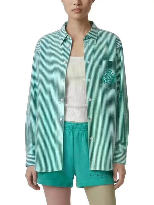 SPORTY & RICH Striped Embroidered Crest Shirt - Green