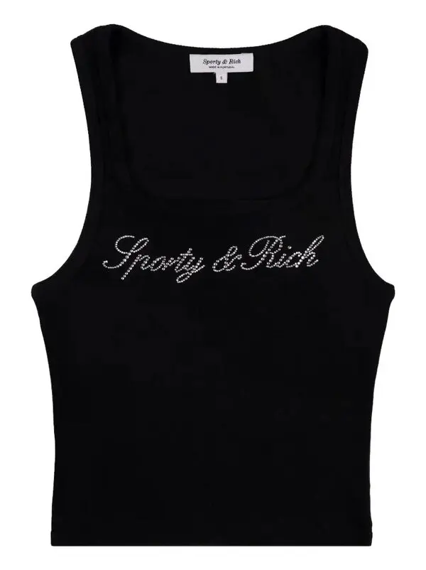 SPORTY & RICH Crystal Logo Embellished Cropped Tank Top - Black