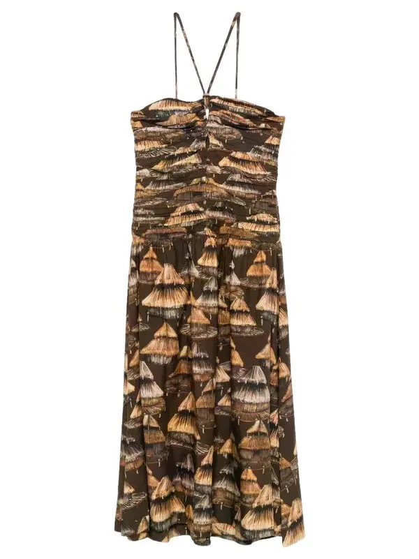 Farm Rio Ruched Halterneck Midi Dress With Graphic Print - Brown