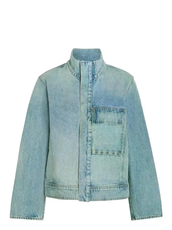 NILI LOTAN Funnel Neck Patch Pocket Denim Jacket - Blue