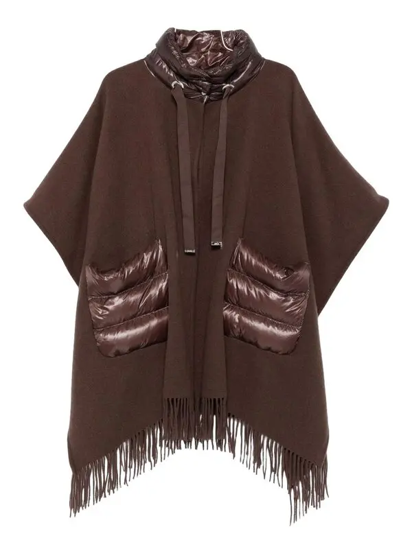 Herno Wool And Nylon Cape With Padded Pockets And Fringe Detail - Brown