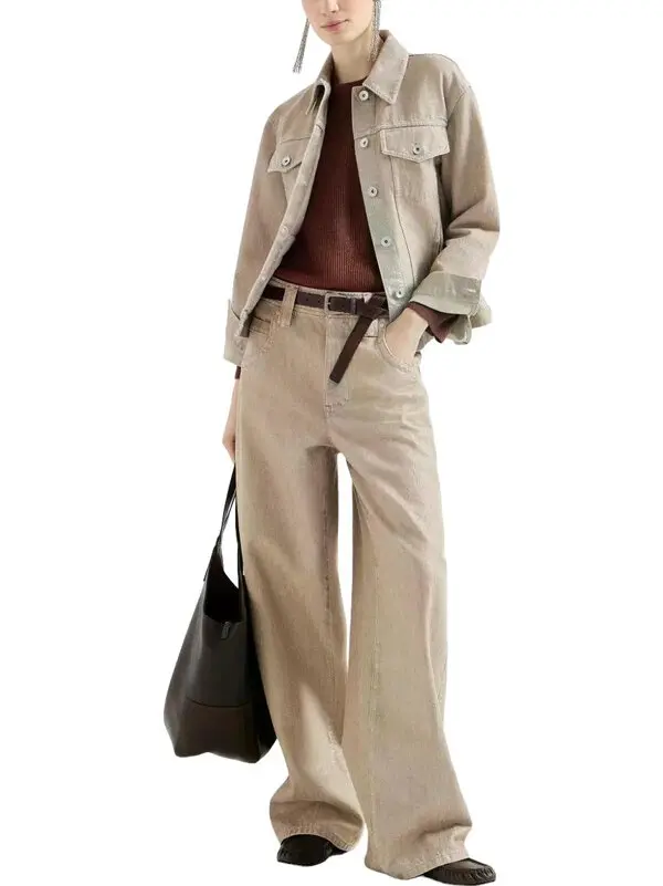 Brunello Cucinelli Lamé-denim Baggy Trousers With Monili - Neutrals