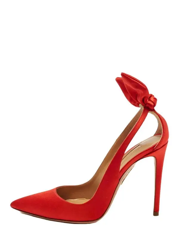 AQUAZZURA Satin Bow Detail Pointed Toe Stiletto Heel Pumps - Red