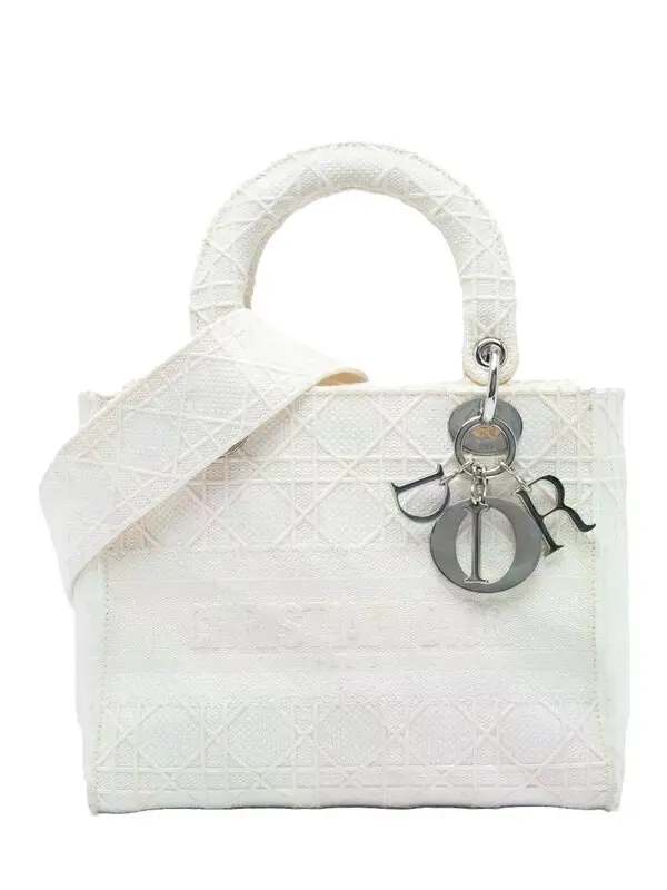 Dior Medium Embroidered Canvas Cannage Lady D Lite Satchel - White