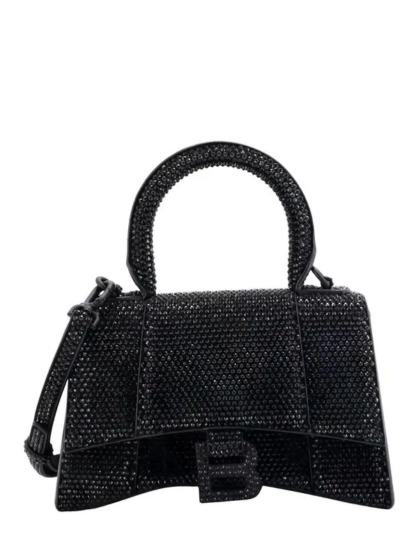 Balenciaga Hourglass Top Handle Bag Suede With Crystals Xs Crossbody Bag - Black