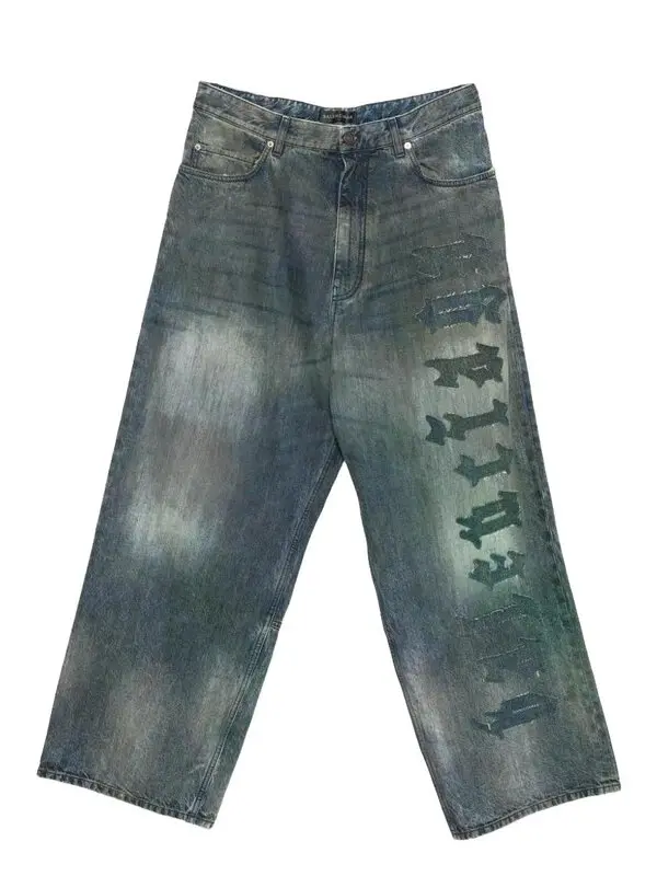 Balenciaga Faded Effect Graphic Print Wide Leg Jeans - Blue