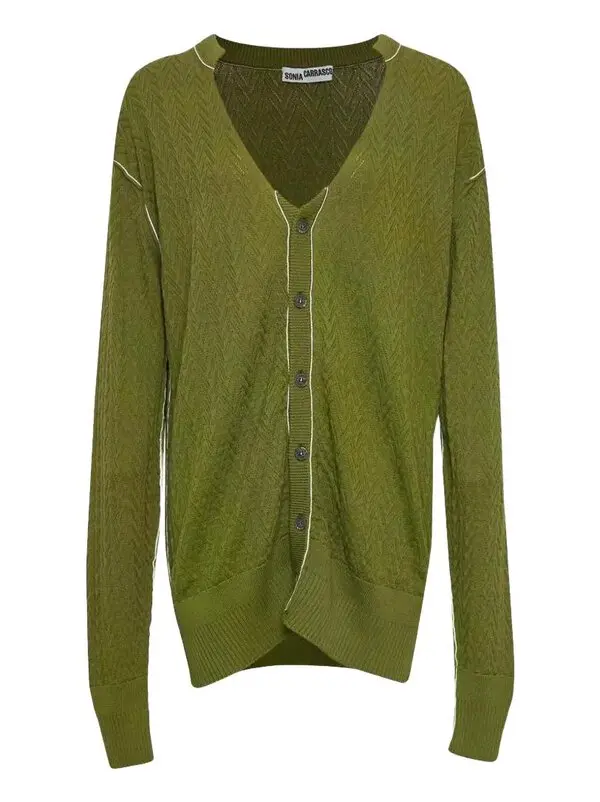 SONIA CARRASCO Chevron-knit Cardigan With Piped Trim - Green