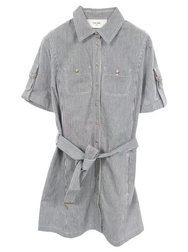 Celine Striped Cotton Mini Dress With Belt - Blue