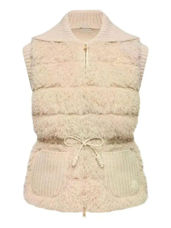 Moncler Quilted Shearling-effect Vest With High Neck And Drawstring Waist - Neutrals