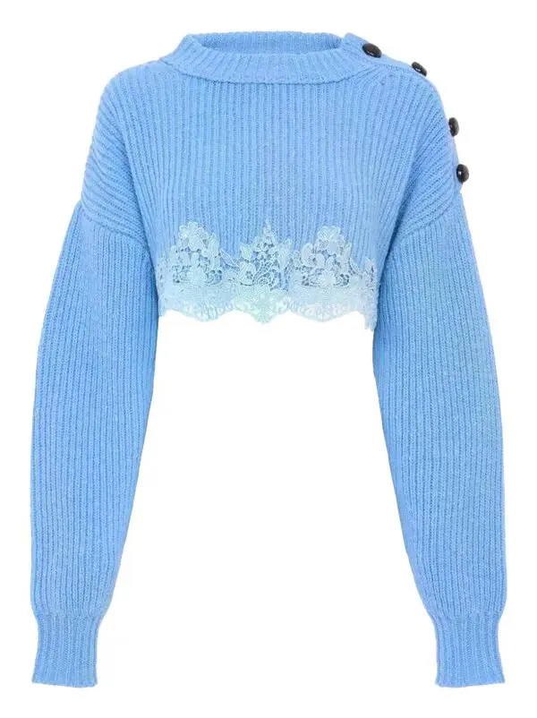 Chloé Lace-trimmed Button-shoulder Cropped Sweater - Blue
