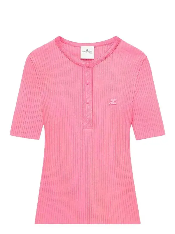 COURREGES Ribbed-knit Polo Shirt With Vinyl Trim - Pink