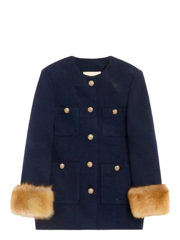 Valentino Garavani Wool Tweed Coat With Fur Cuffs - Blue