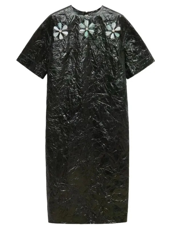 Marni Crinkled Taffeta Midi Dress With Embellished Daisies - Black